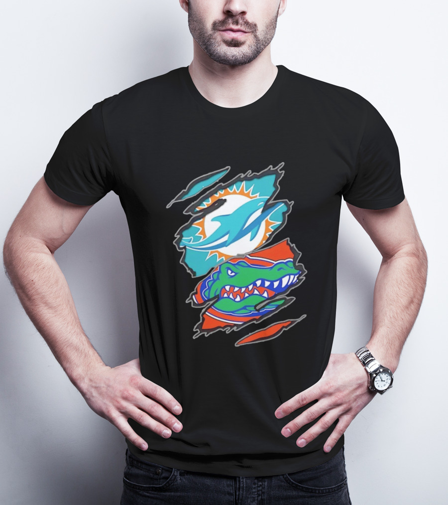 Miami Dolphins Florida Gators Two Teams One Heart Scratch T-Shirt
