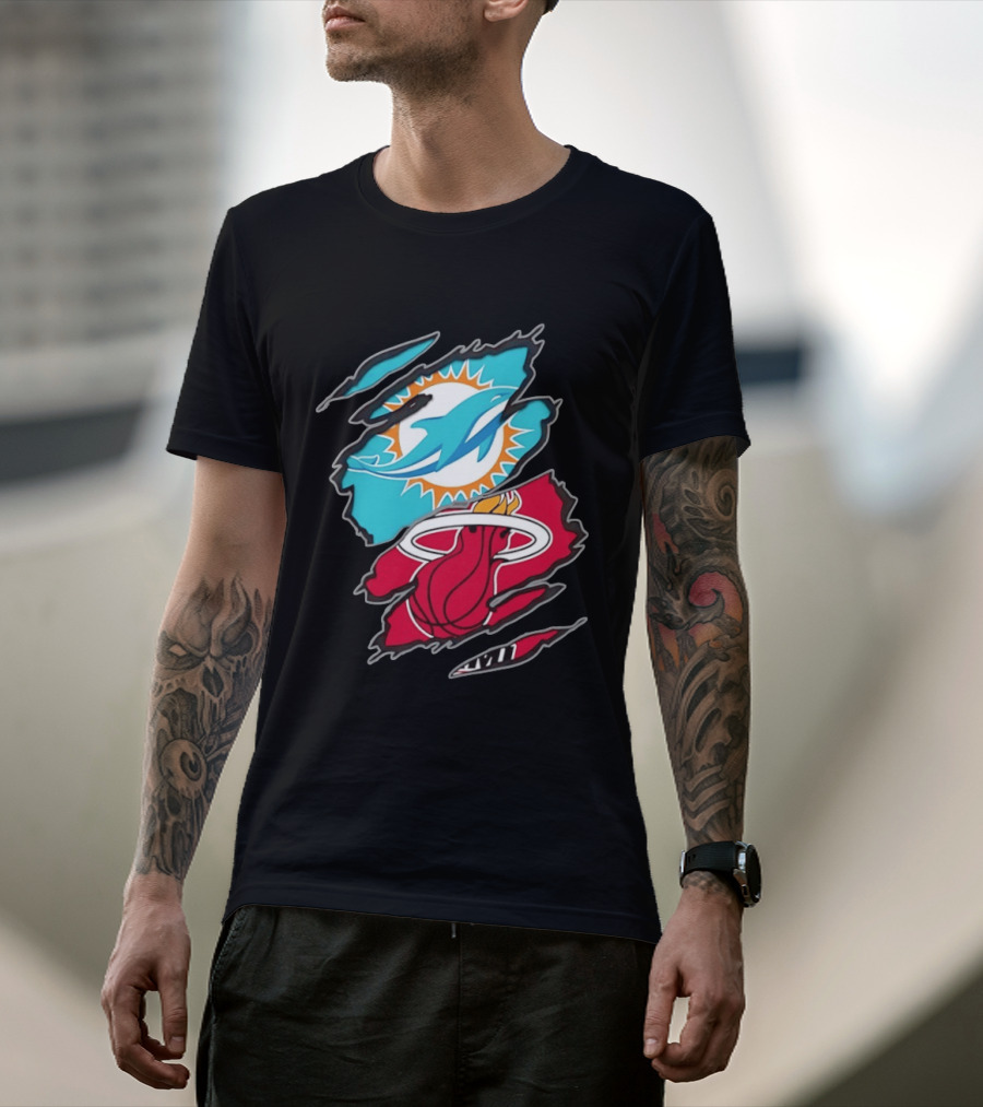 Miami Dolphins Miami Heat Two Teams One Heart Scratch T-Shirt