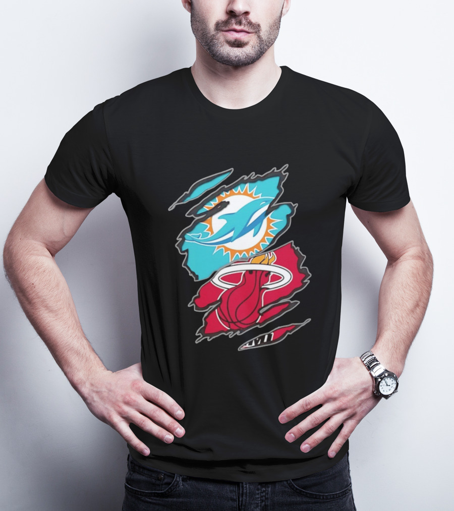 Miami Dolphins Miami Heat Two Teams One Heart Scratch T-Shirt