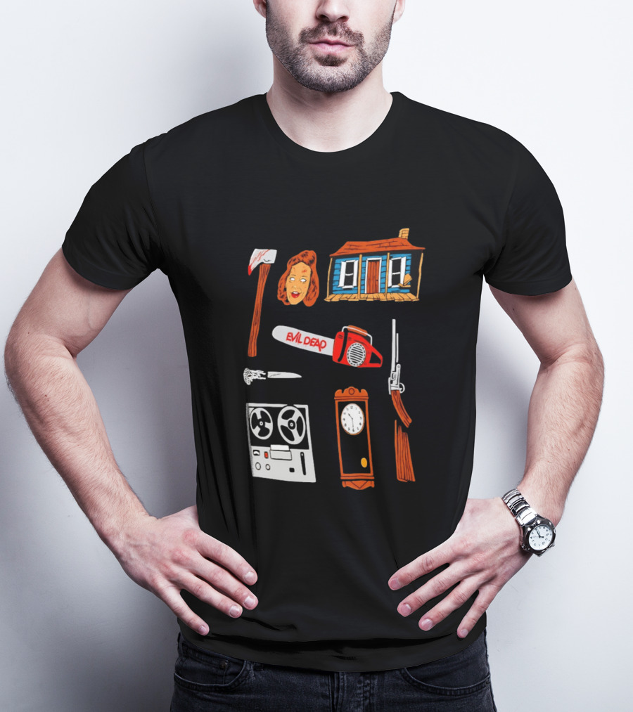 Evil Dead Horror Collage Chainsaw Cabin Axe Ash Williams T-Shirt