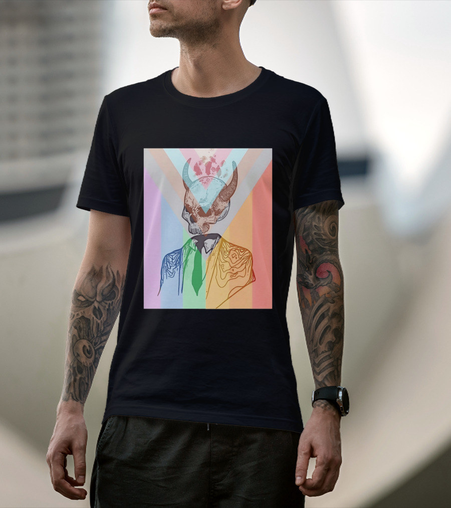 Horned Devil Skull Suit Pride Flag Surrealism Abstract Colorful T-Shirt