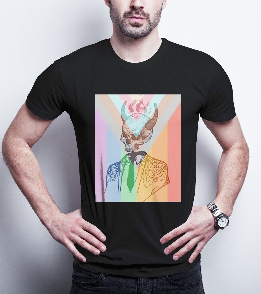 Horned Devil Skull Suit Pride Flag Surrealism Abstract Colorful T-Shirt