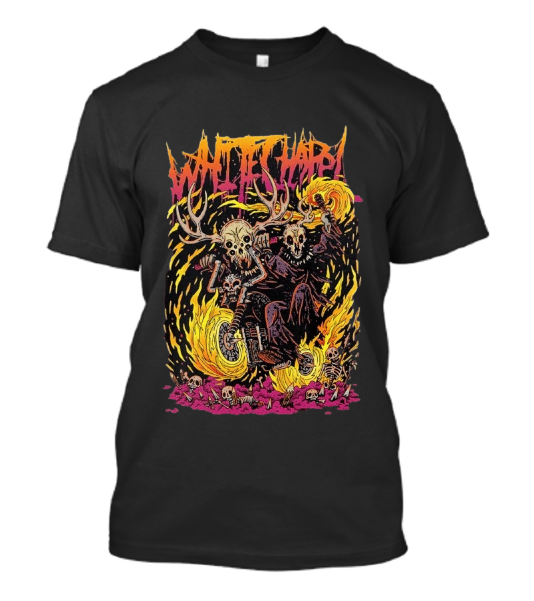 Whitechapel Bikers Skeleton Motorcycle Fire Scene T-Shirt
