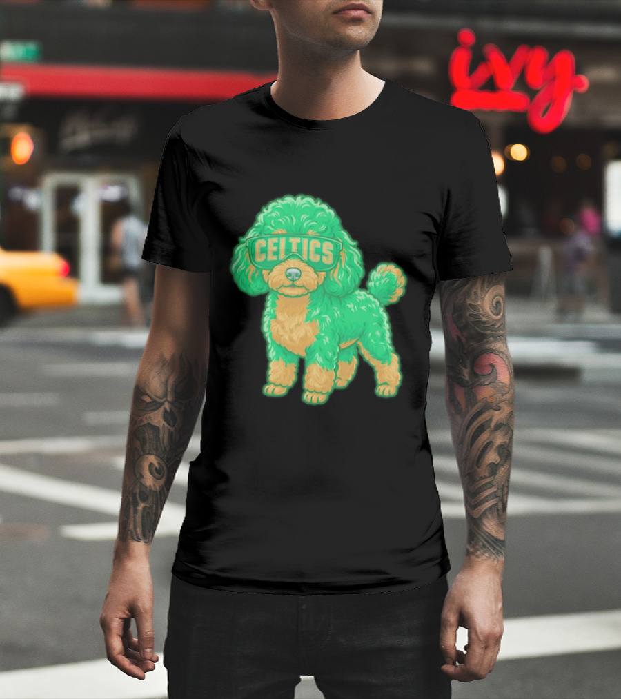 Boston Celtics Teacup Poodle Cartoon With Celtics Sunglasses T-Shirt