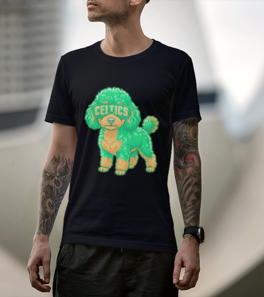 Boston Celtics Teacup Poodle Cartoon With Celtics Sunglasses T-Shirt