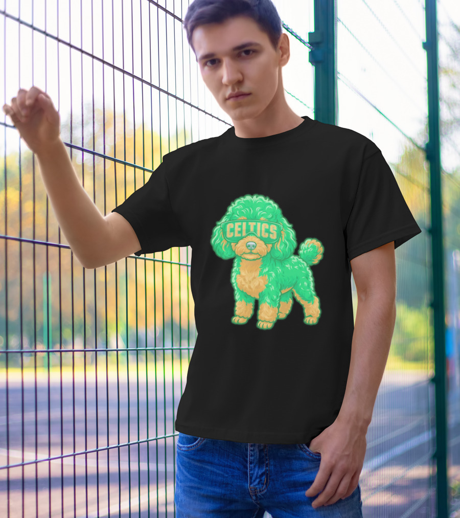 Boston Celtics Teacup Poodle Cartoon With Celtics Sunglasses T-Shirt