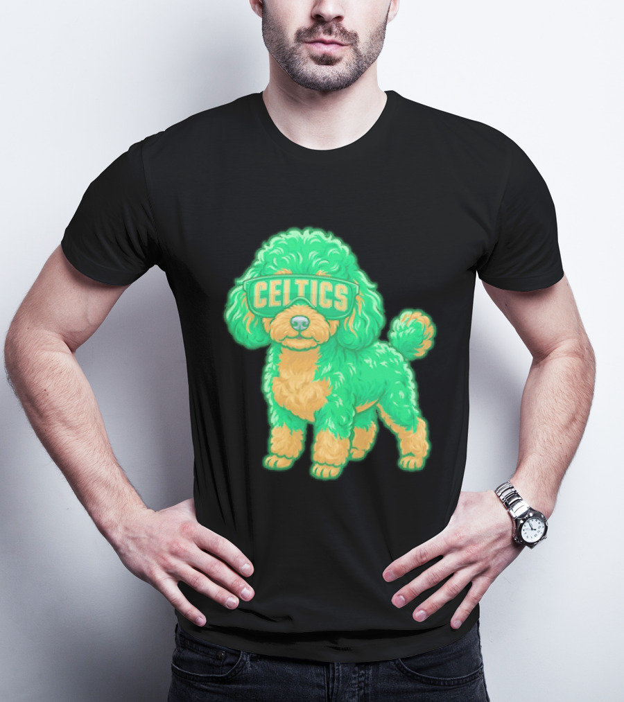 Boston Celtics Teacup Poodle Cartoon With Celtics Sunglasses T-Shirt