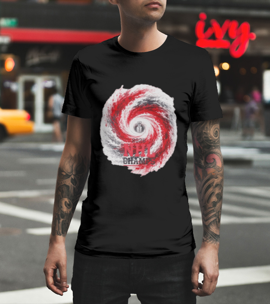 Carolina Hurricanes 2026 NHL Champs Storm With Hockey Trophy And Red Gray Swirl T-Shirt
