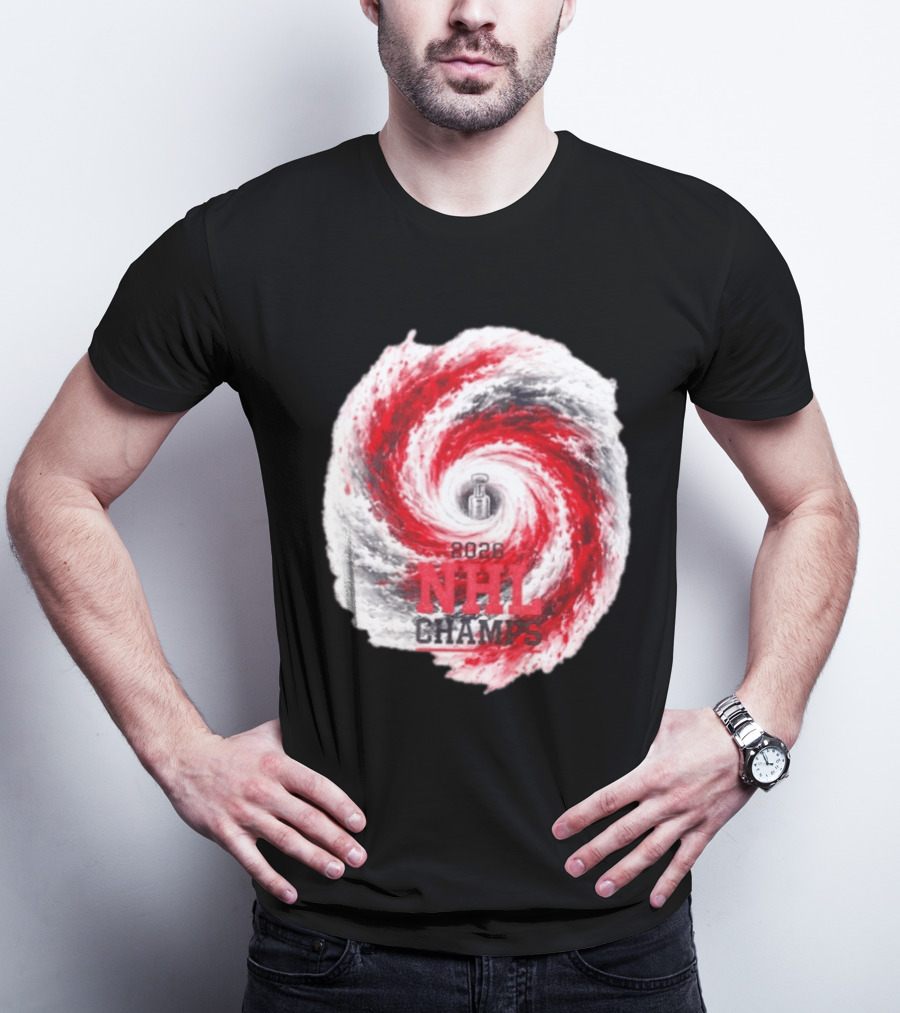 Carolina Hurricanes 2026 NHL Champs Storm With Hockey Trophy And Red Gray Swirl T-Shirt
