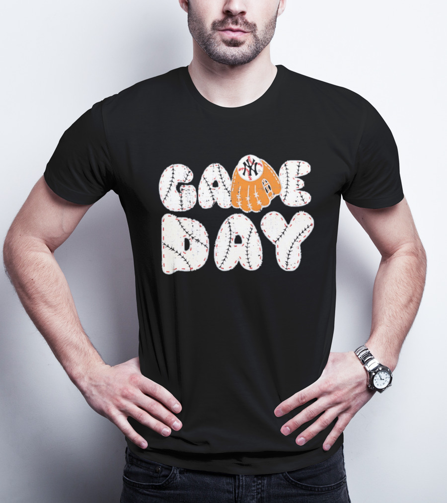 New York Yankees Game Day Baseball MLB NYY Glove And Ball Stitching T-Shirt