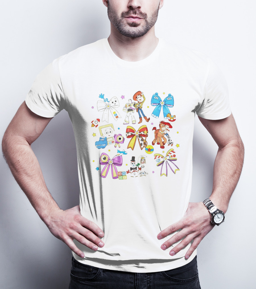 Woody Buzz Jessie Forky Andy Toy Story Characters With Colorful Bows T-Shirt