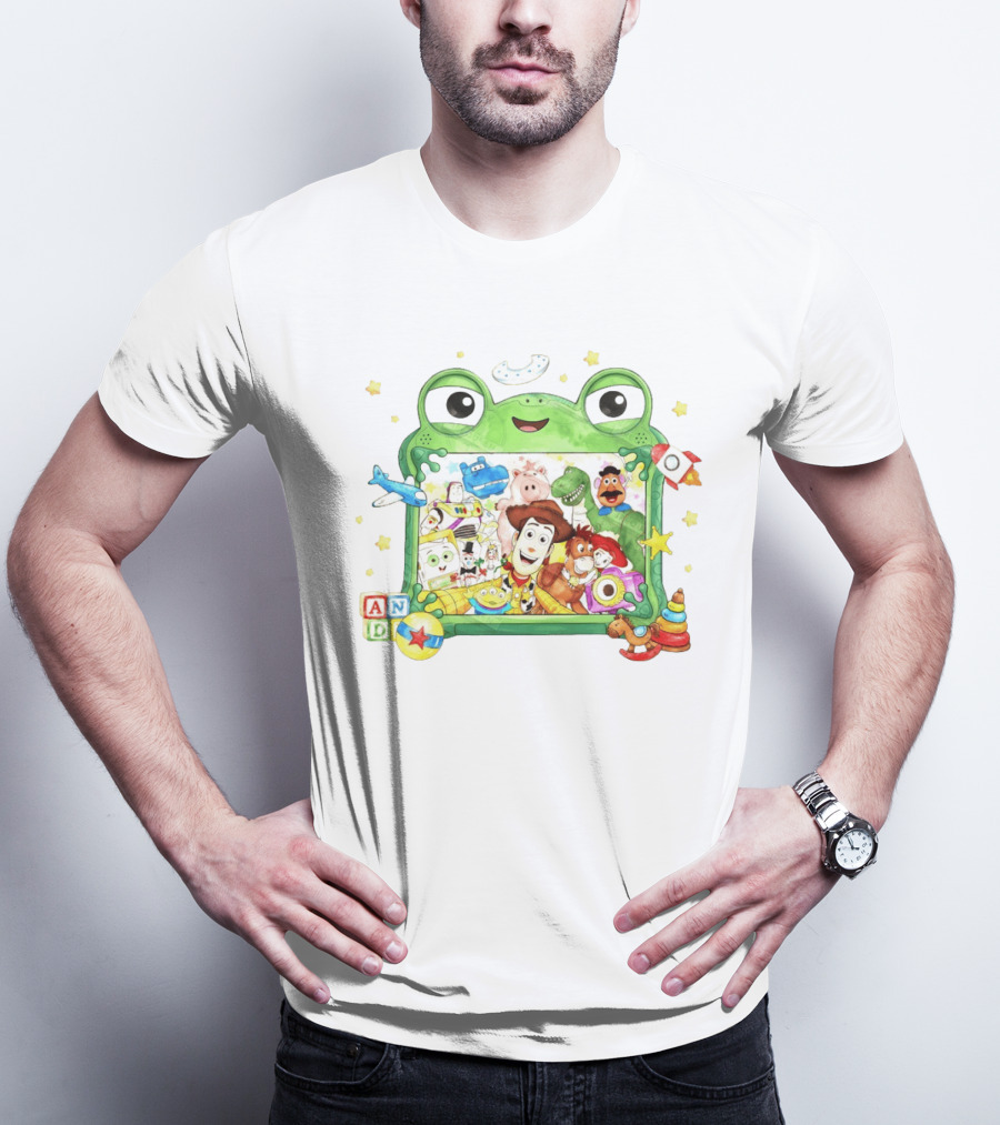 Woody And Buzz Lightyear Toy Story Characters Inside Frog Frame With Andy Blocks T-Shirt