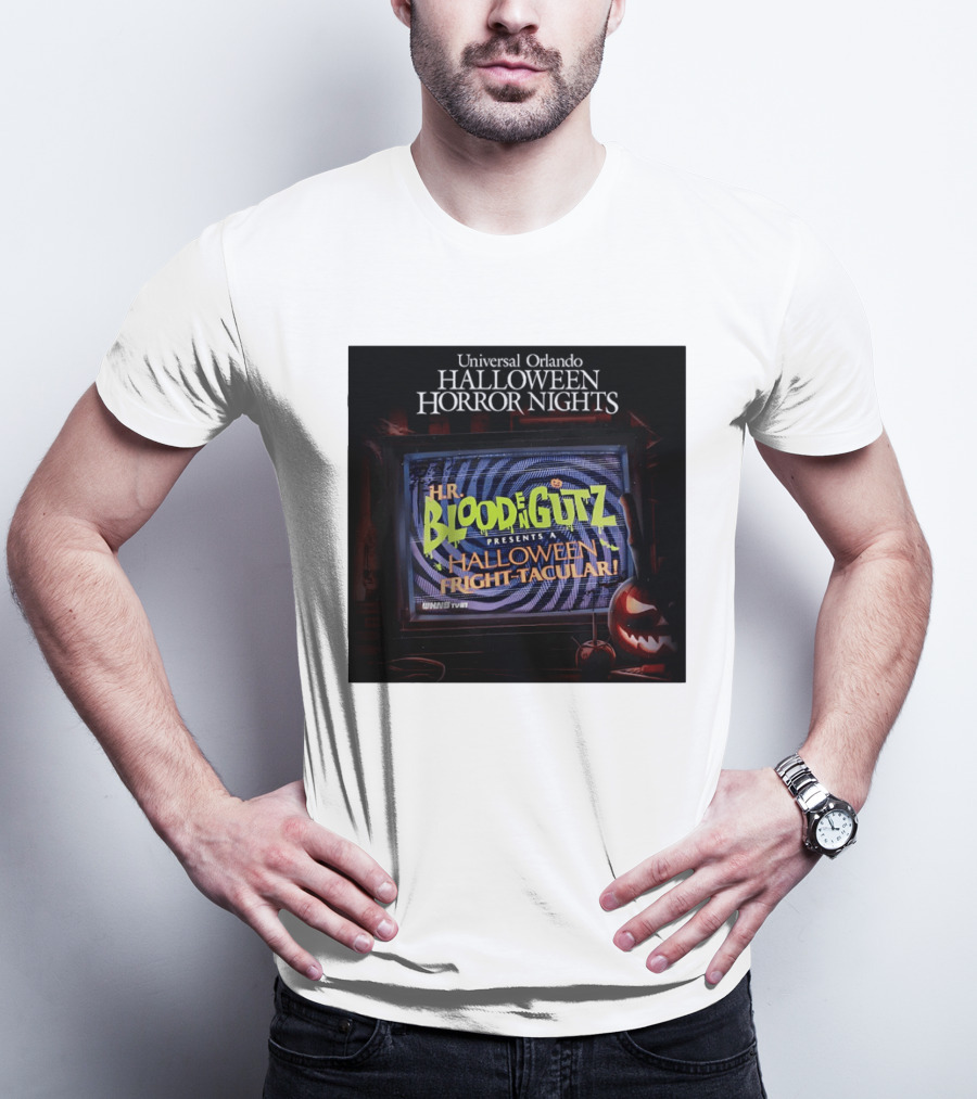Universal Orlando Halloween Horror Nights HR Blood N Gutz Presents A Halloween Fright Tacular TV Experience T-Shirt