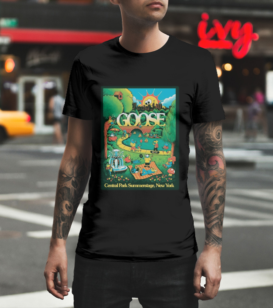 Goose Central Park Summerstage New York 2026 June 21 Lewy Jones Vibrant Park Scene With Sun And Fountain T-Shirt