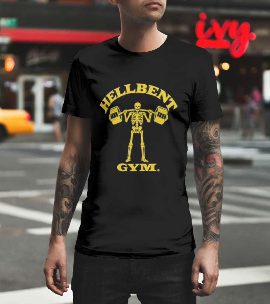 Hellbent Gym Skeleton Lifting Weights Yellow T-Shirt