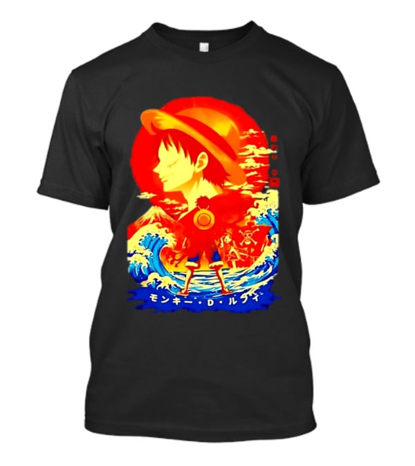 Monkey D. Luffy Straw Hat Waves Japanese Text One Piece Anime T-Shirt