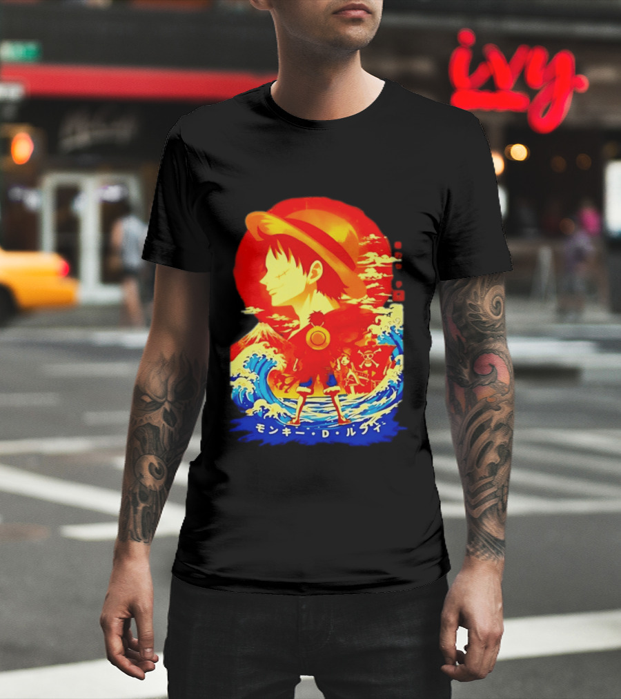 Monkey D. Luffy Straw Hat Waves Japanese Text One Piece Anime T-Shirt