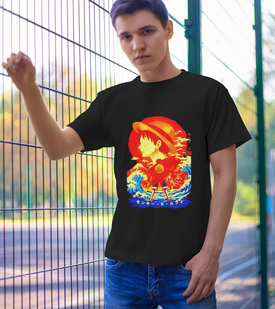 Monkey D. Luffy Straw Hat Waves Japanese Text One Piece Anime T-Shirt