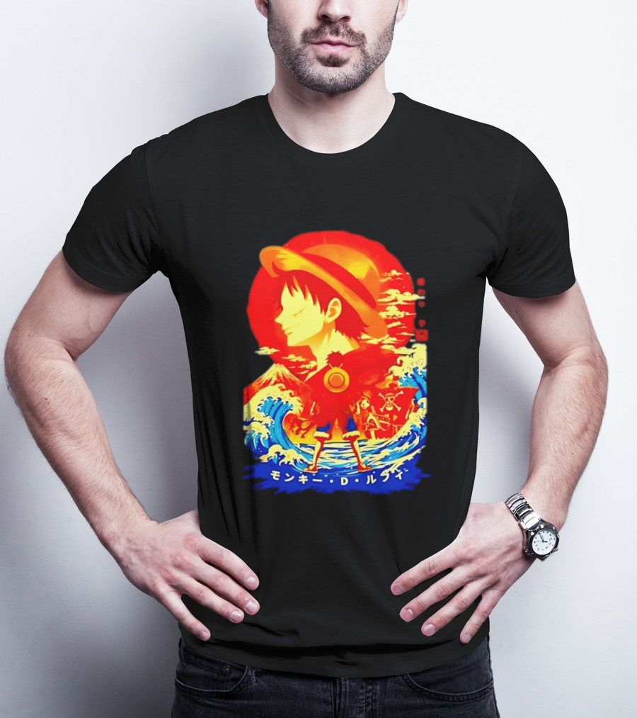 Monkey D. Luffy Straw Hat Waves Japanese Text One Piece Anime T-Shirt