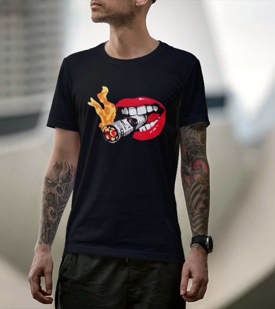 Flaming Smoking Money Lips Chenille T-Shirt