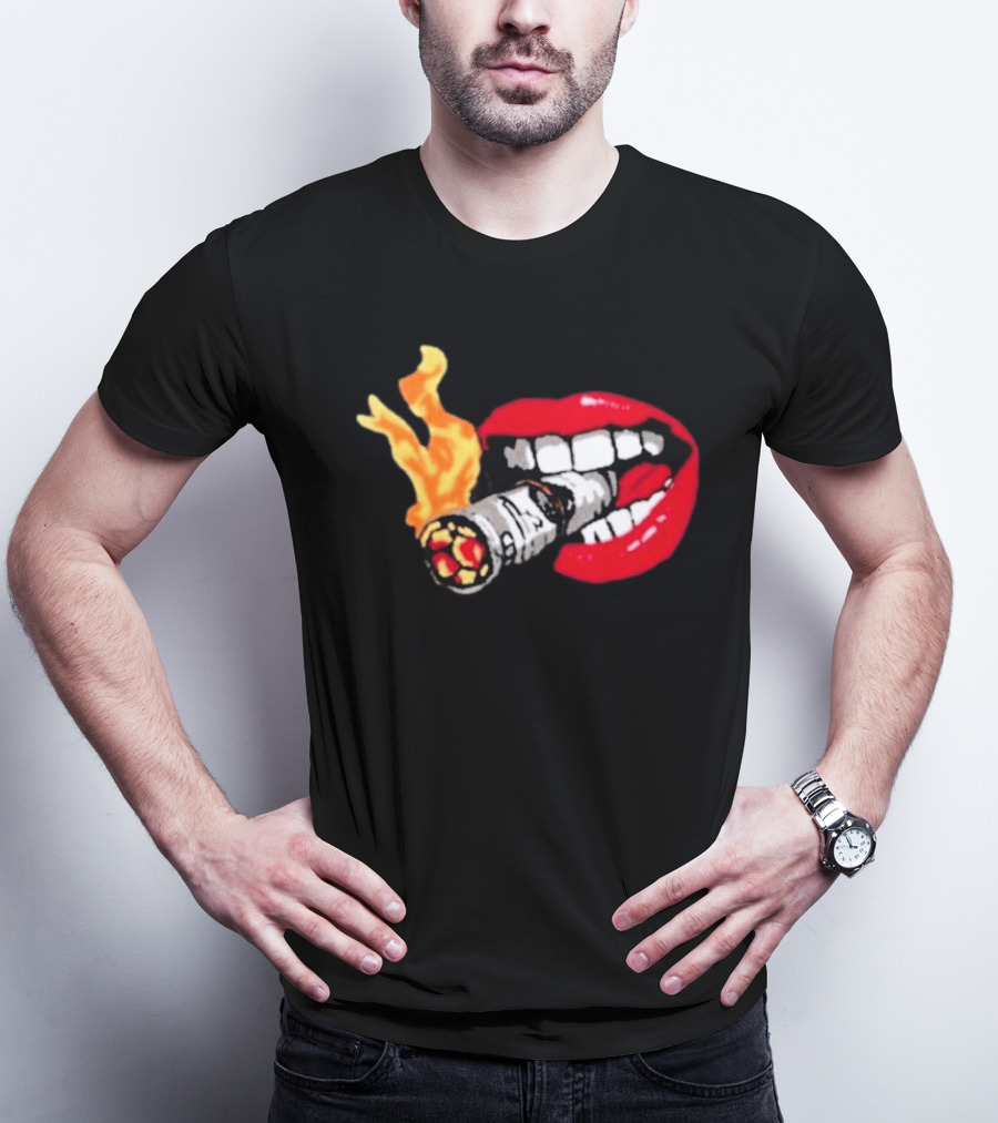 Flaming Smoking Money Lips Chenille T-Shirt