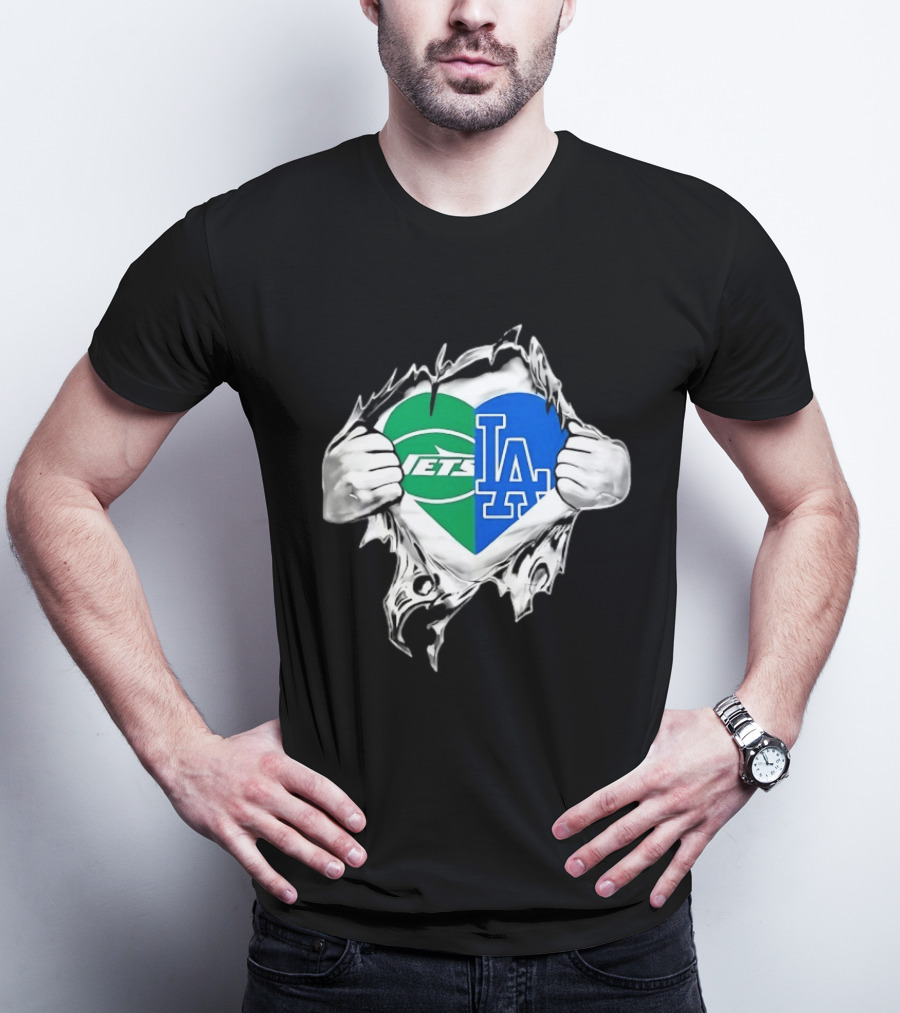 New York Jets Los Angeles Dodgers Heart Scratch T-Shirt