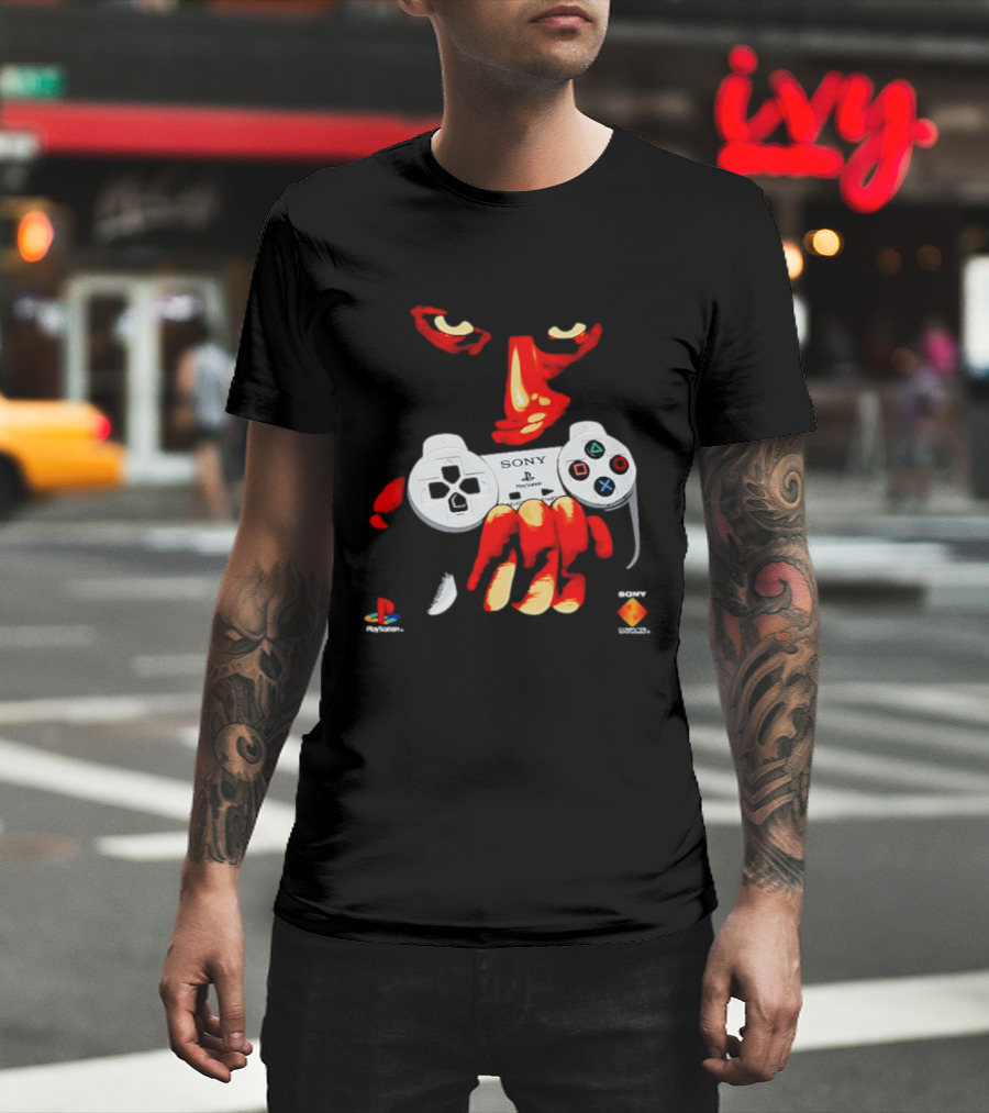Sony PlayStation Controller 1996 Classic Design With Iconic Red Monster Hand T-Shirt