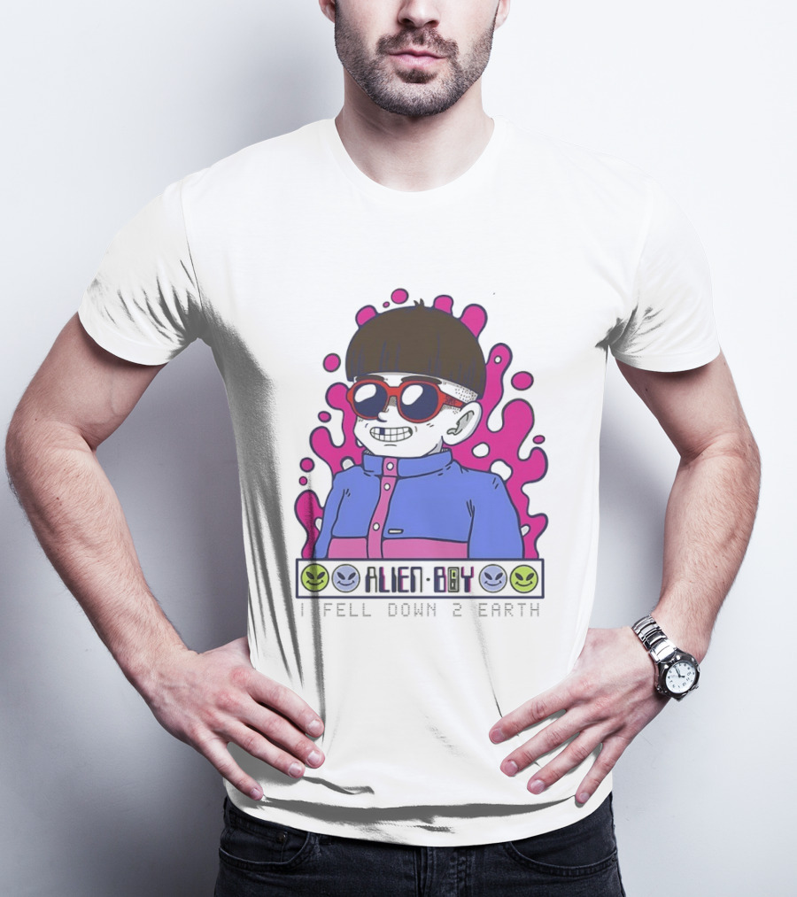 Alien Boy I Fell Down 2 Earth Cool Kid Retro Pink Smiley Vibes T-Shirt