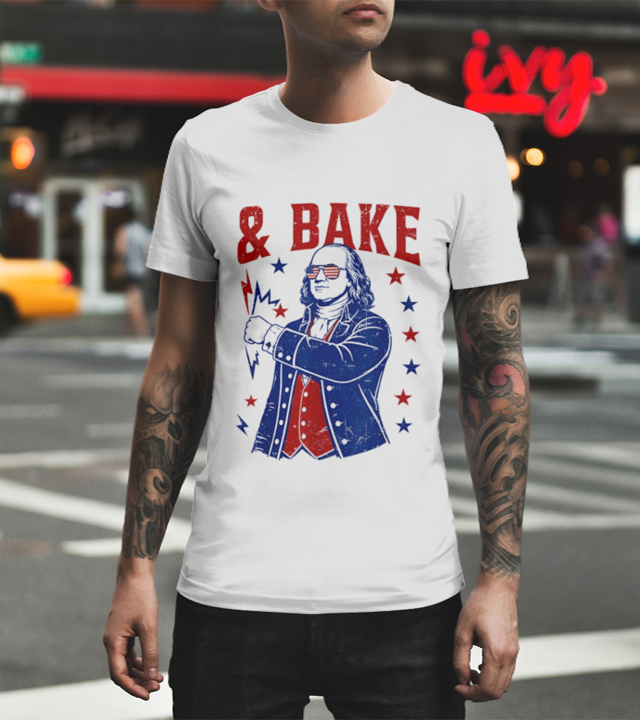 USA Benjamin Franklin Bake American Flag Sunglasses Stars T-Shirt