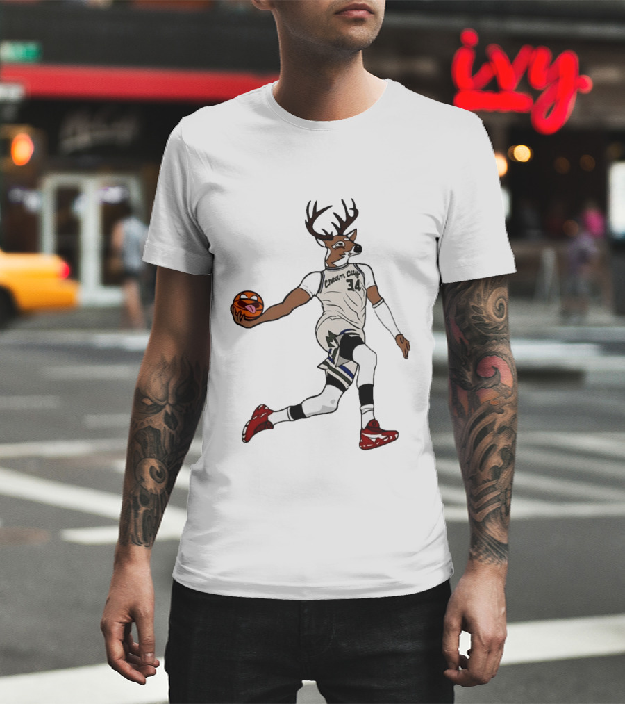 Milwaukee Bucks Cream City 34 Deer Basketball T-Shirt