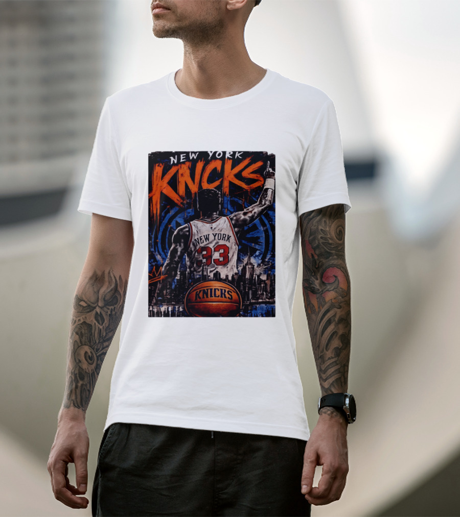 New York Knicks Ewing 33 City Skyline Basketball T-Shirt