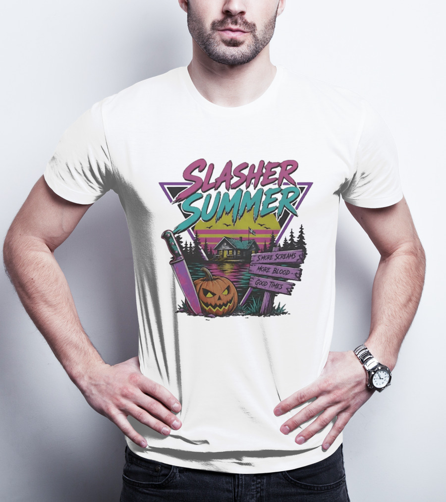 Slasher Summer S'more Screams More Blood Good Times Cabin Pumpkin Knife T-Shirt