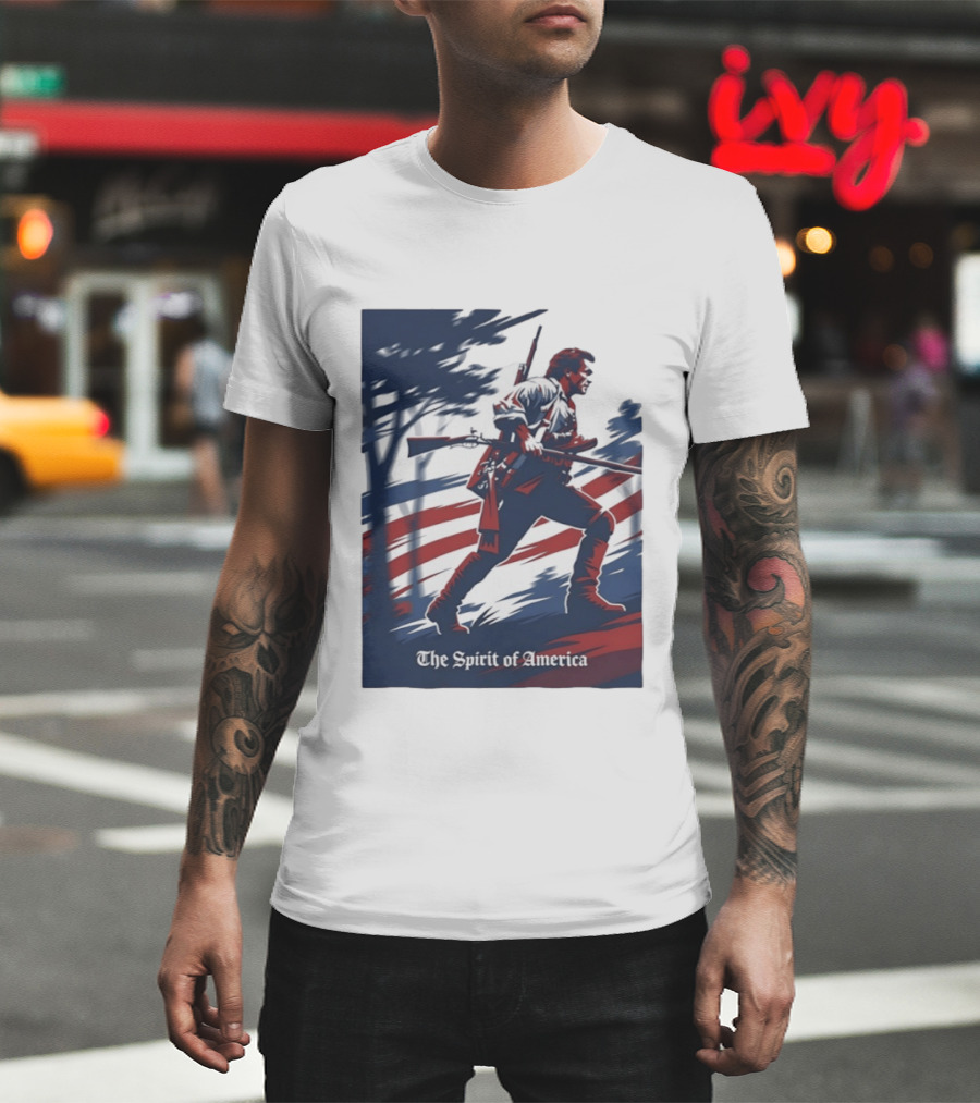 The Spirit Of America Revolutionary War Soldier With Musket And American Flag T-Shirt