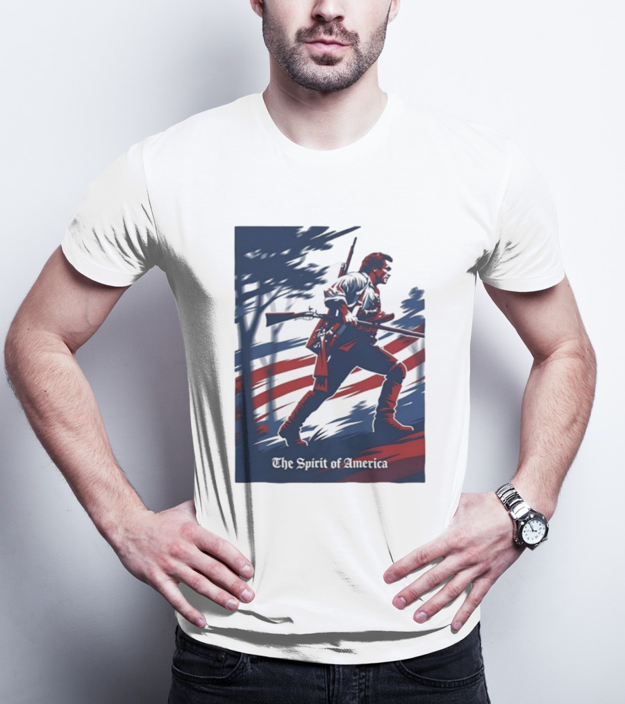 The Spirit Of America Revolutionary War Soldier With Musket And American Flag T-Shirt