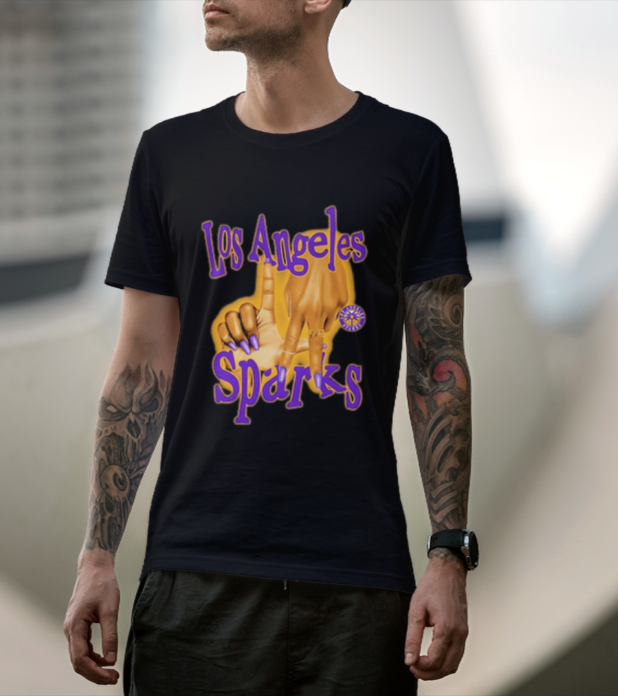 Los Angeles Sparks WNBA Finger Gesture Purple Ink Sketch T-Shirt