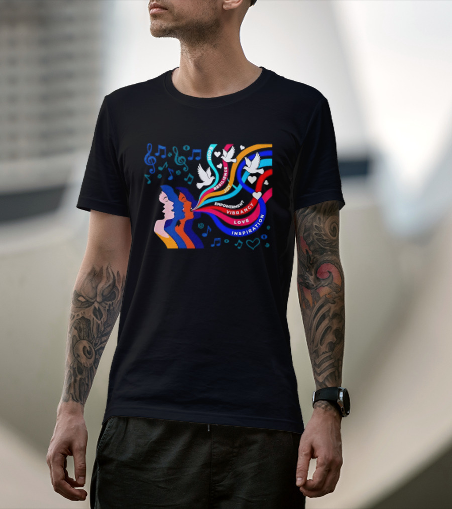 Women's Music Hope Resilience Joy Empowerment Vibrancy Love Inspiration Doves Notes Hearts T-Shirt