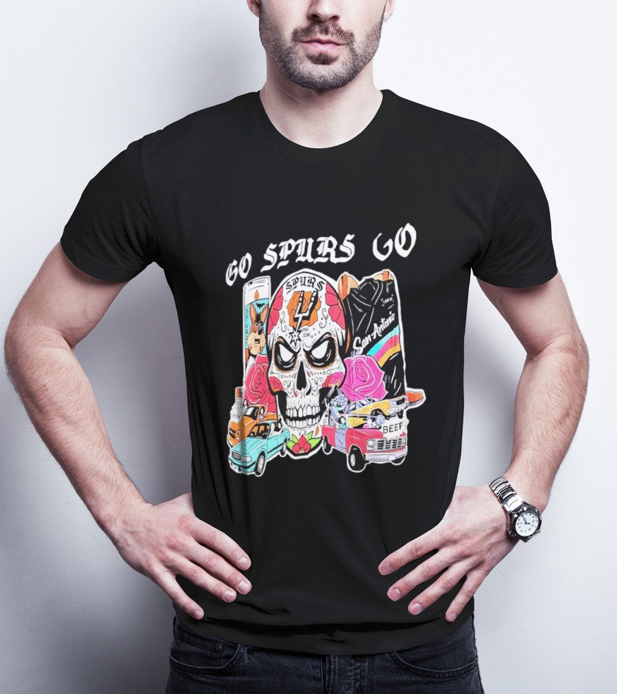 San Antonio Spurs Sugar Skull Go Spurs Go Vintage Cars Roses T-Shirt