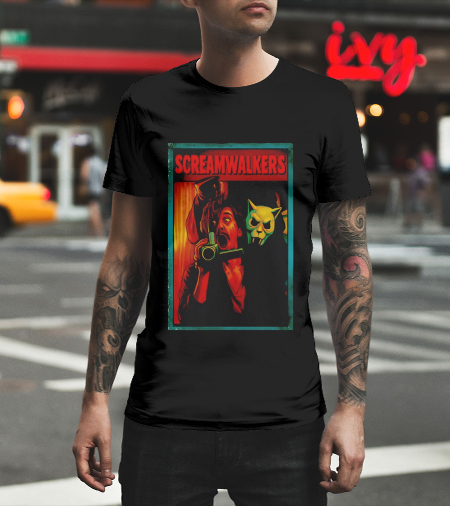 Screamwalkers Horror Movie With Camera And Masked Figure T-Shirt