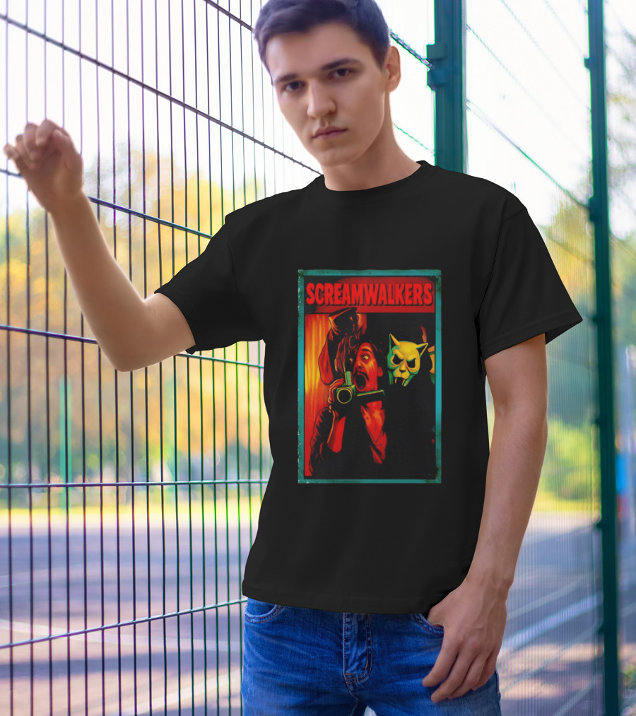 Screamwalkers Horror Movie With Camera And Masked Figure T-Shirt