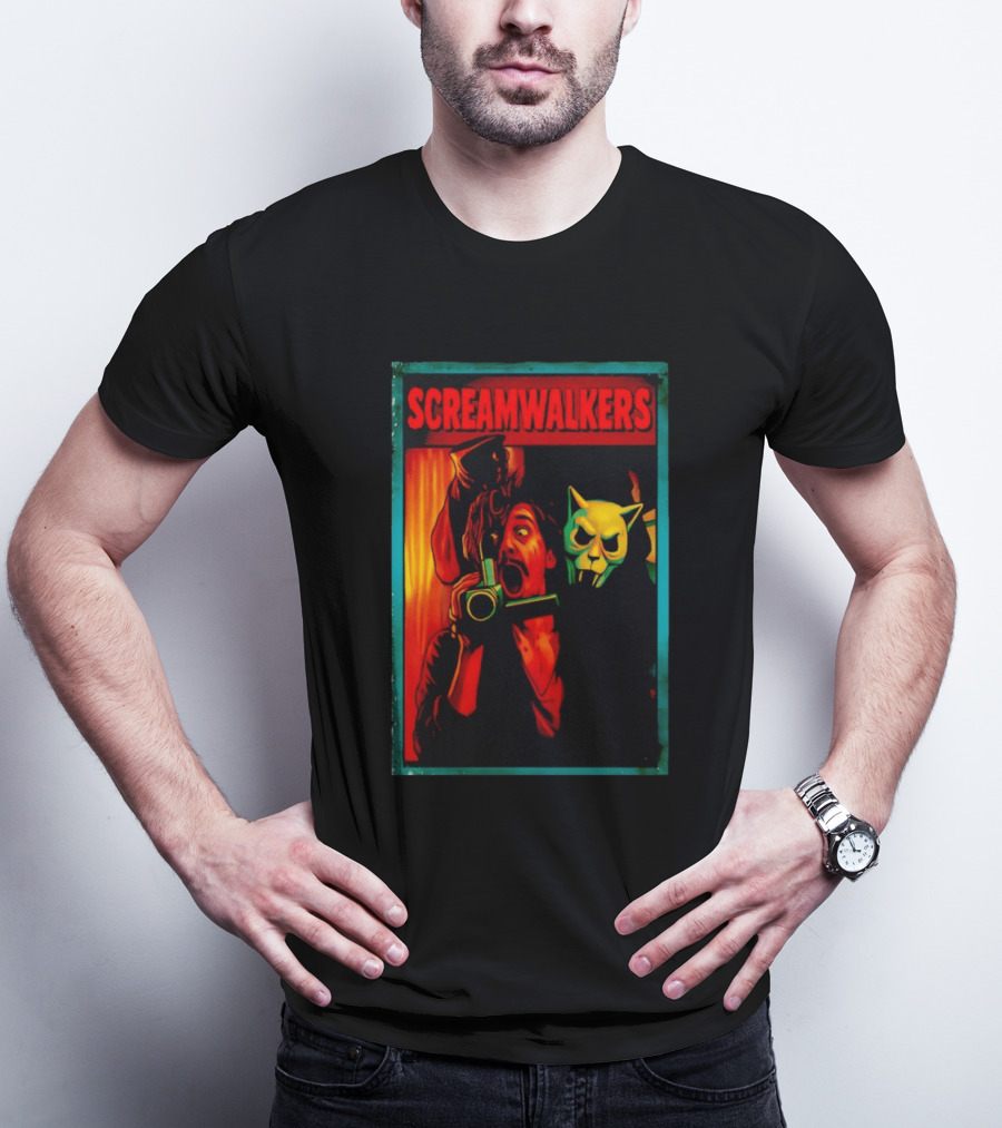 Screamwalkers Horror Movie With Camera And Masked Figure T-Shirt