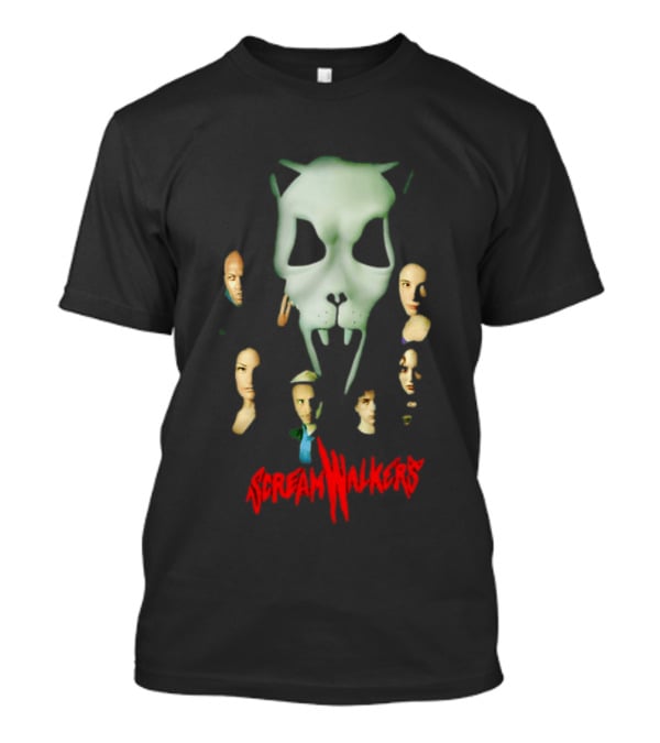 Screamwalkers Movie Cast Ensemble With Giant Mask Horror Faces T-Shirt
