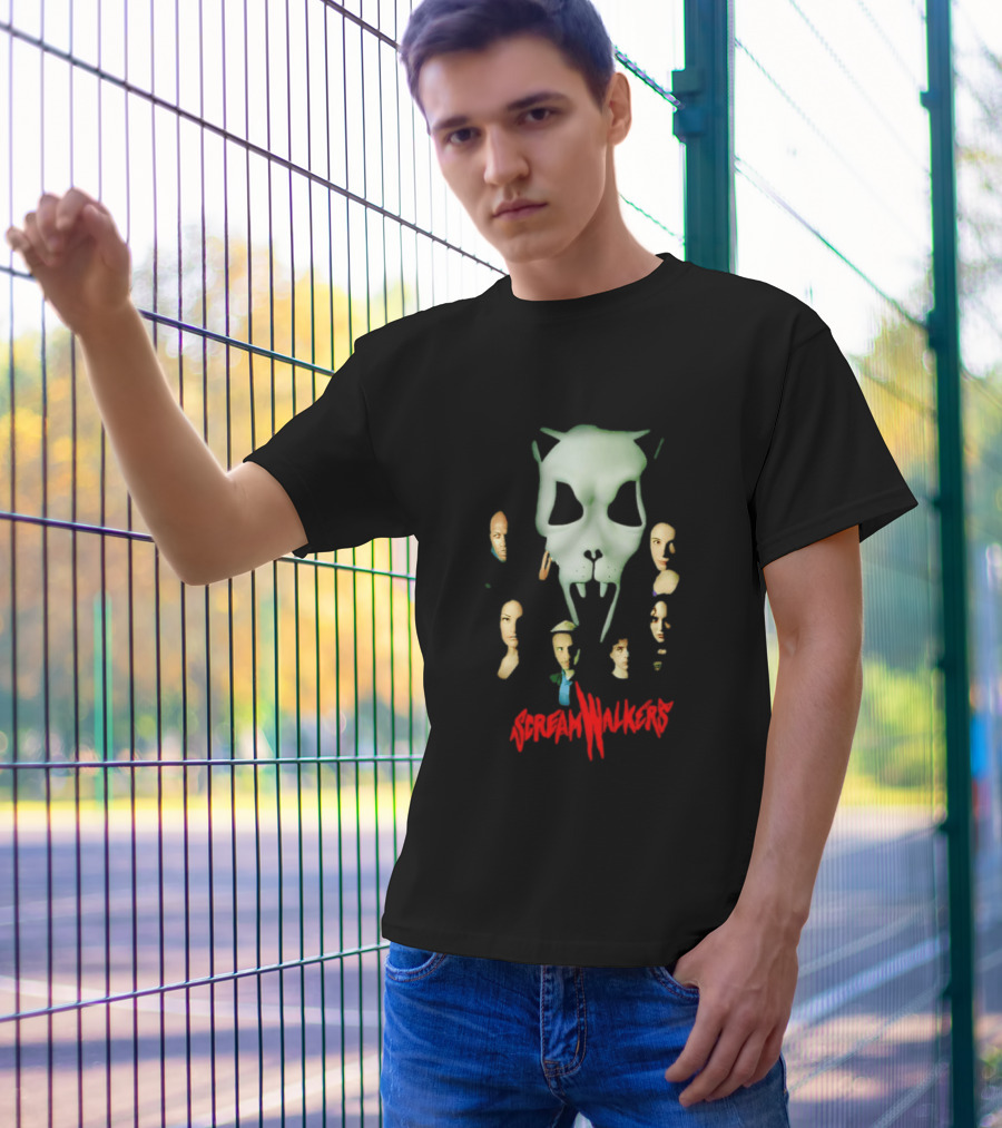 Screamwalkers Movie Cast Ensemble With Giant Mask Horror Faces T-Shirt