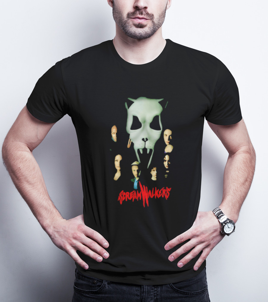 Screamwalkers Movie Cast Ensemble With Giant Mask Horror Faces T-Shirt
