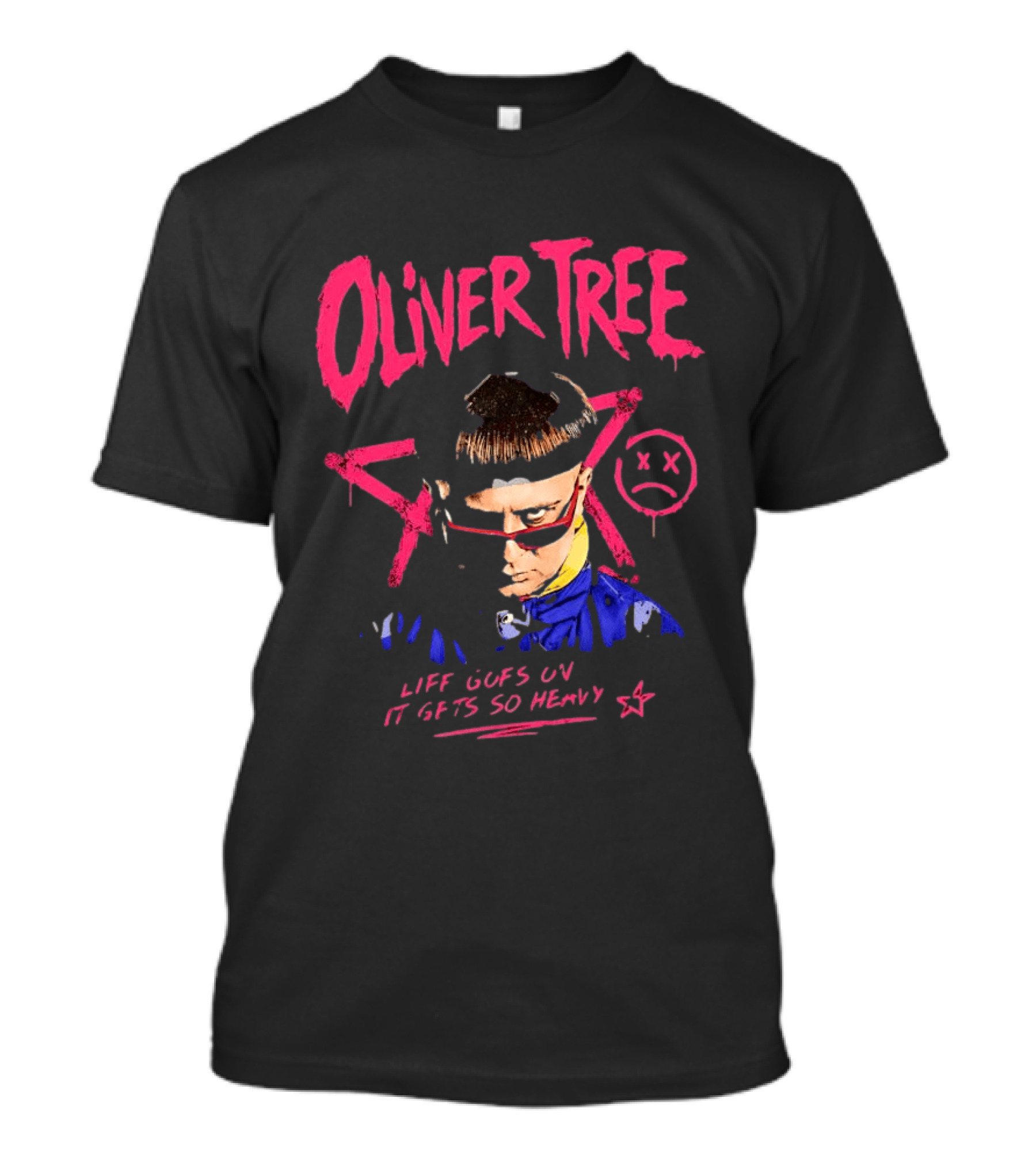 Oliver Tree Life Goes On It Gets So Heavy X Symbol Pink Text Sad Face T-Shirt