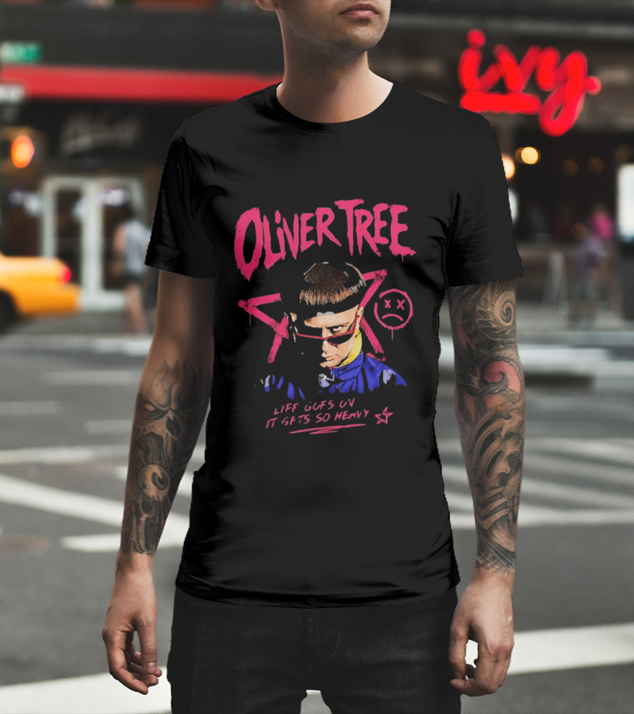 Oliver Tree Life Goes On It Gets So Heavy X Symbol Pink Text Sad Face T-Shirt