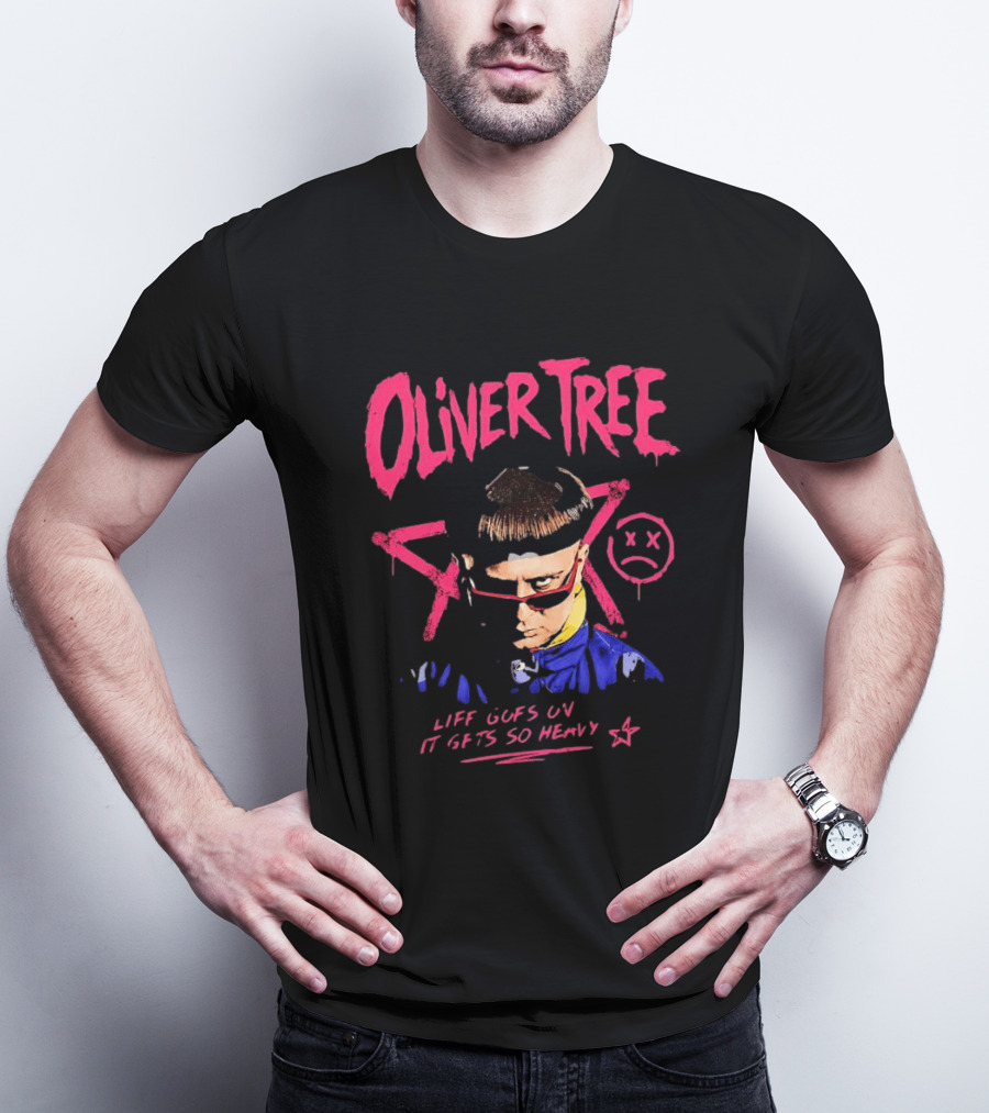 Oliver Tree Life Goes On It Gets So Heavy X Symbol Pink Text Sad Face T-Shirt
