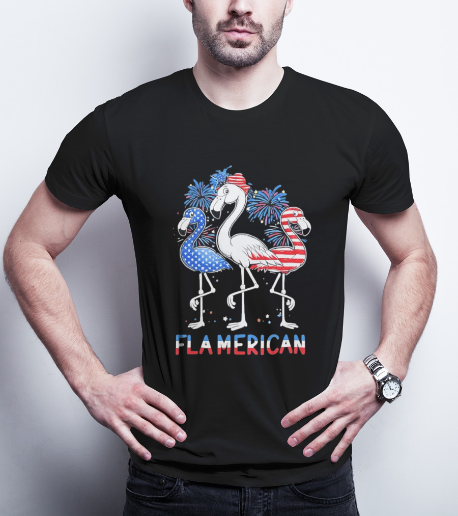 Flamerican Flamingo Fireworks Patriotic Fourth Of July T-Shirt