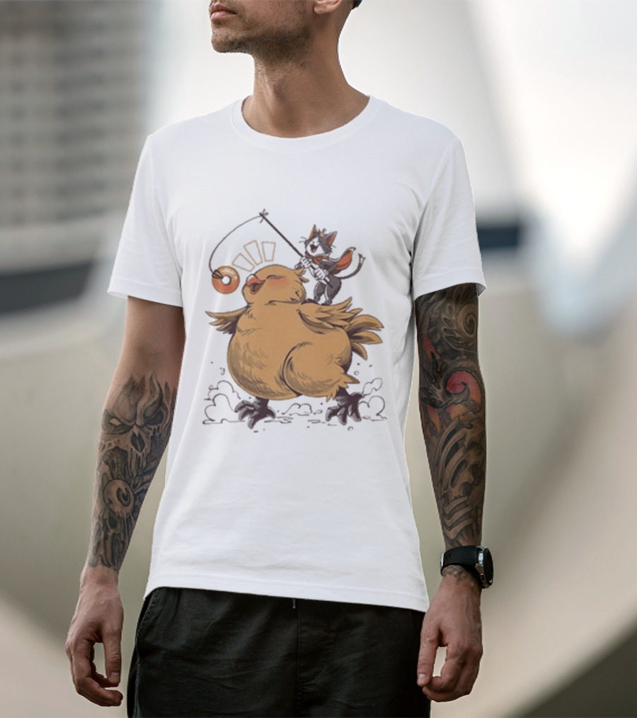 Chocobo Riding Cat Wizard With Donut Lure Delight T-Shirt