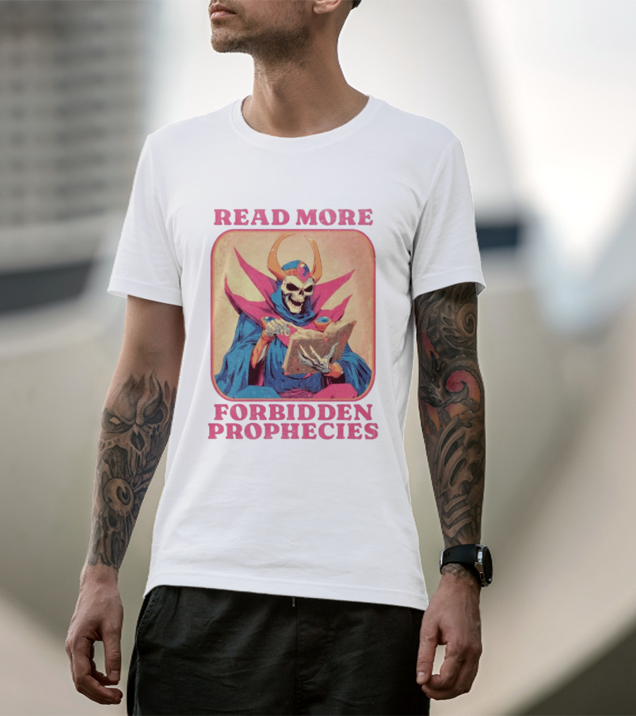 Read More Forbidden Prophecies Skeleton Cloaked Figure Holding Book T-Shirt