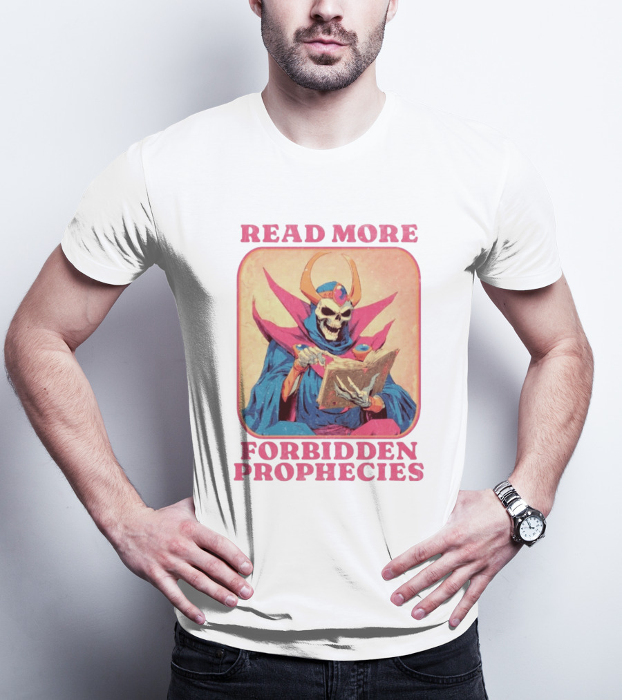 Read More Forbidden Prophecies Skeleton Cloaked Figure Holding Book T-Shirt